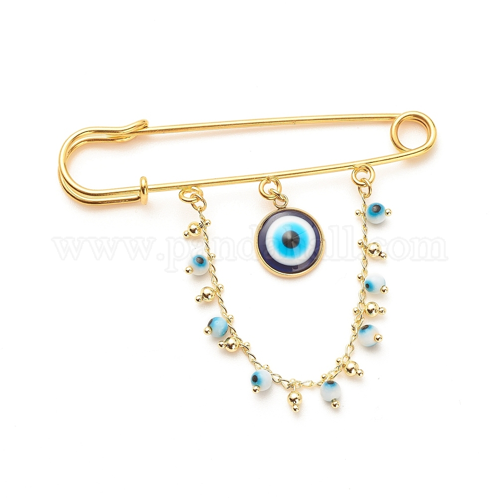 Wholesale Cyan Resin Evil Eye with Brass Dangle Chain Lapel Pin ...
