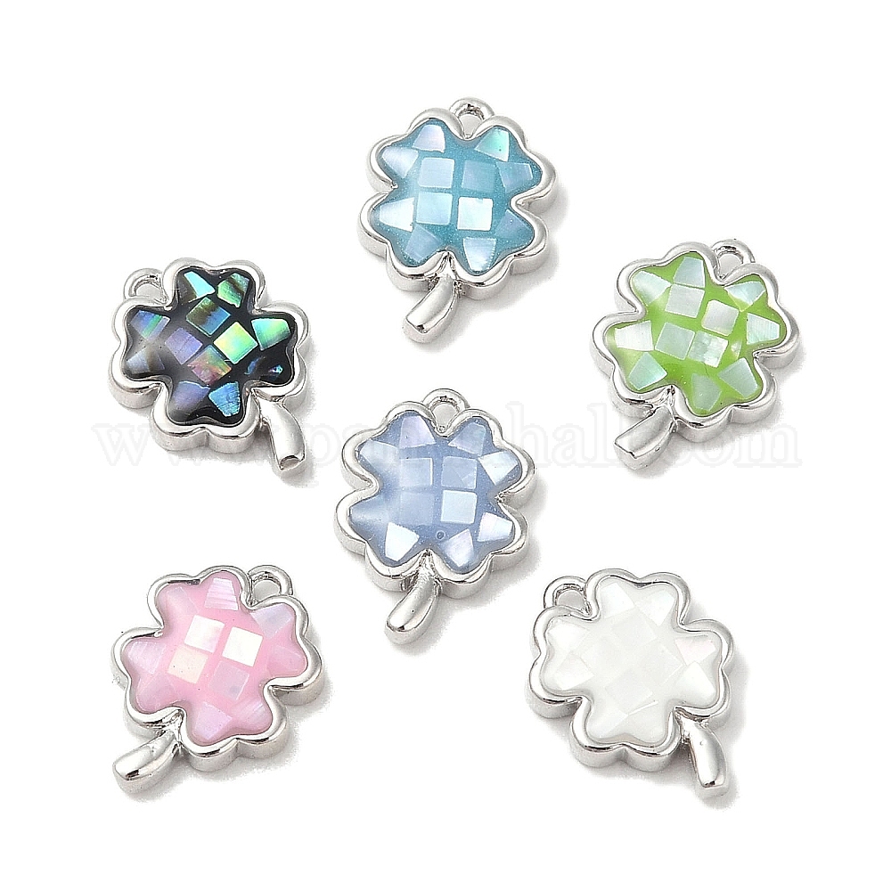 Wholesale Rack Plating Brass & Shell Clover Charms with Epoxy Resin ...